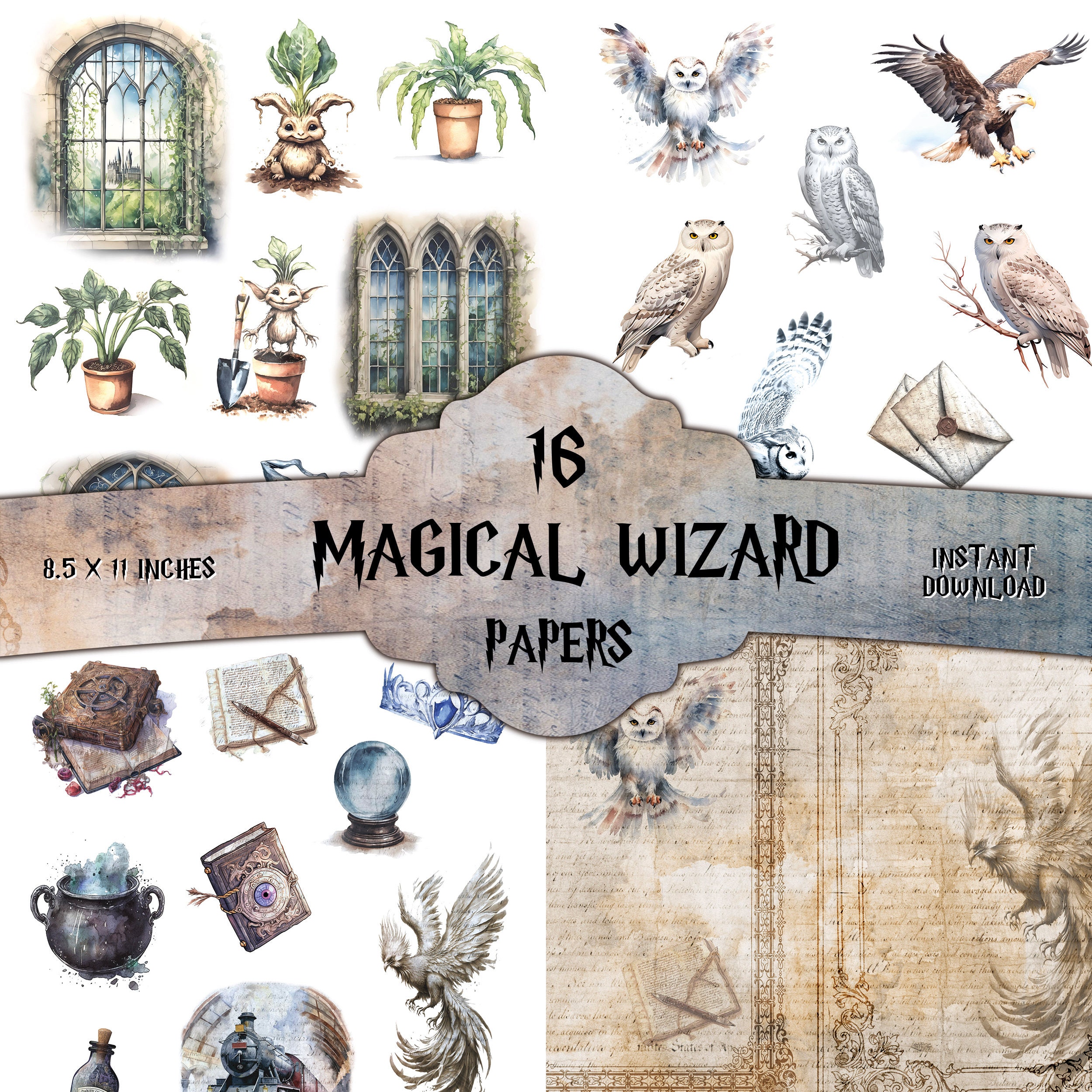 Set of 16 Wizard Pattern Digital Paper, Wizard Junk Journal, Magic ...