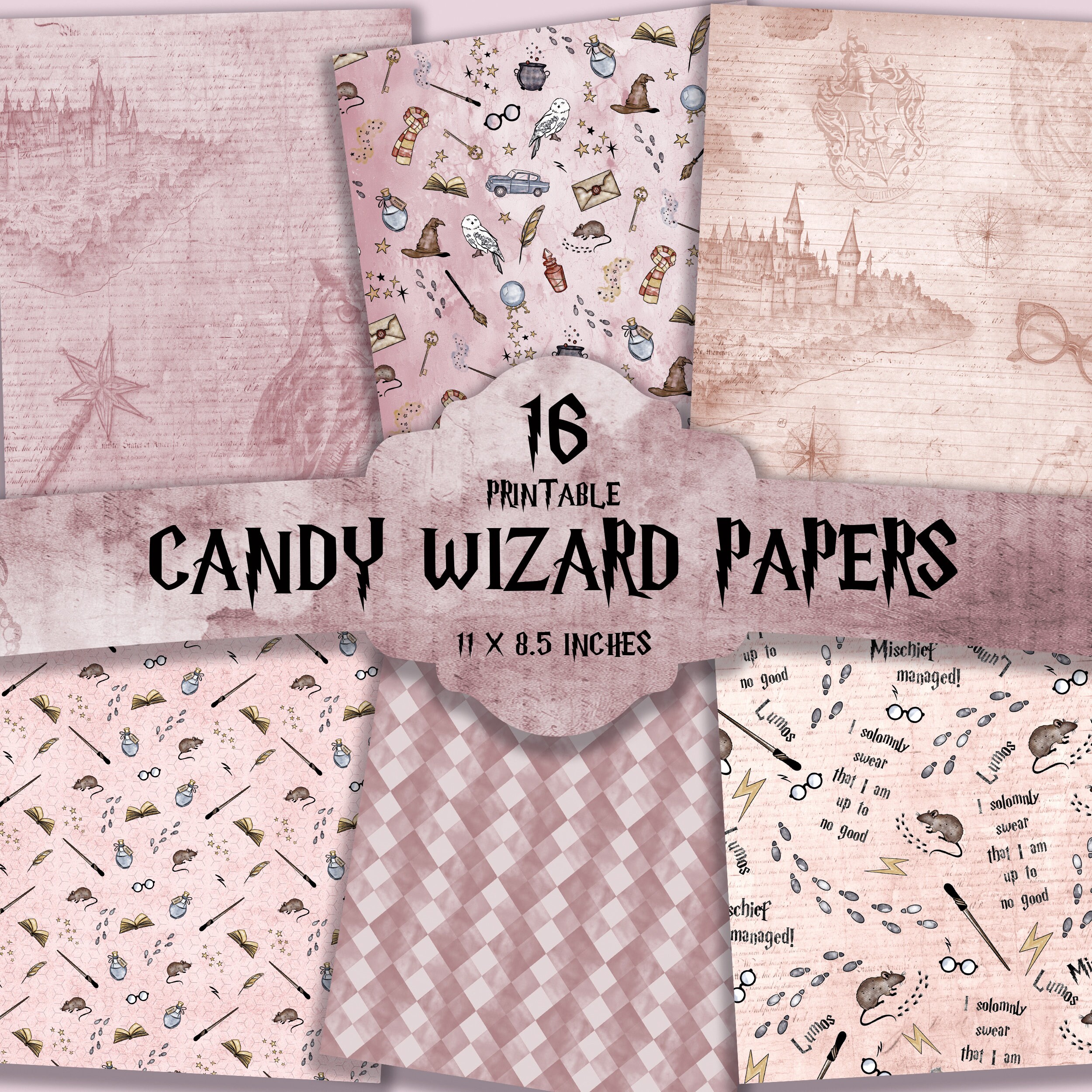 Set of 16 Pink Wizard Pattern Digital Paper, Wizard Junk Journal, Magic ...