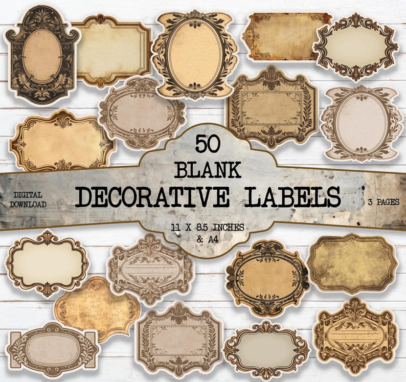 50 Vintage Blank Decorative Labels: Printable Scrapbook Ephemera ...