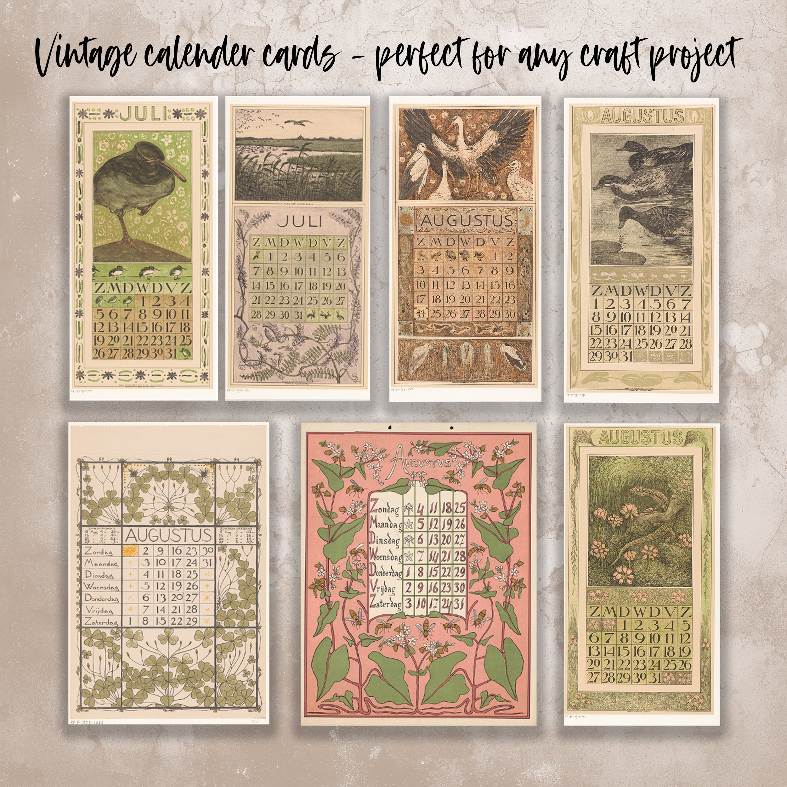 Calendar Cards Set Vintage Digital Cards Months of Year, Junk Journal ...