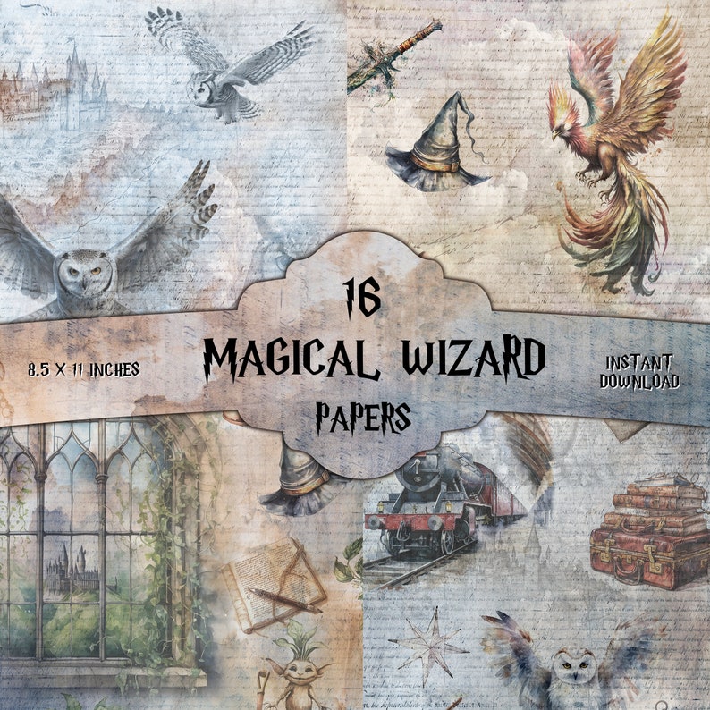 Set of 16 Wizard Pattern Digital Paper, Wizard Junk Journal, Magic ...