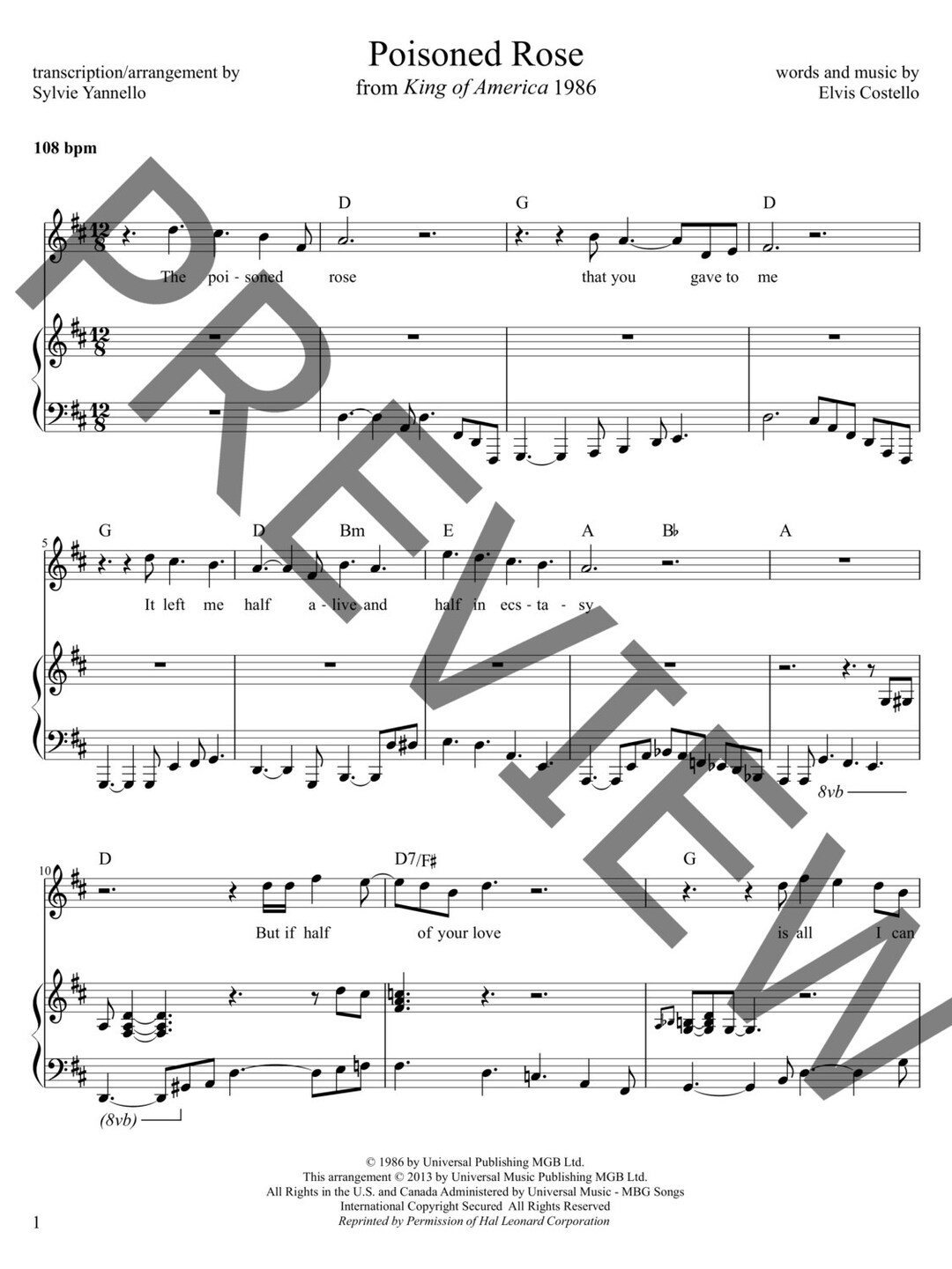 Elvis Costello Sheet Music - Poisoned Rose LIMITED EDITION - Etsy