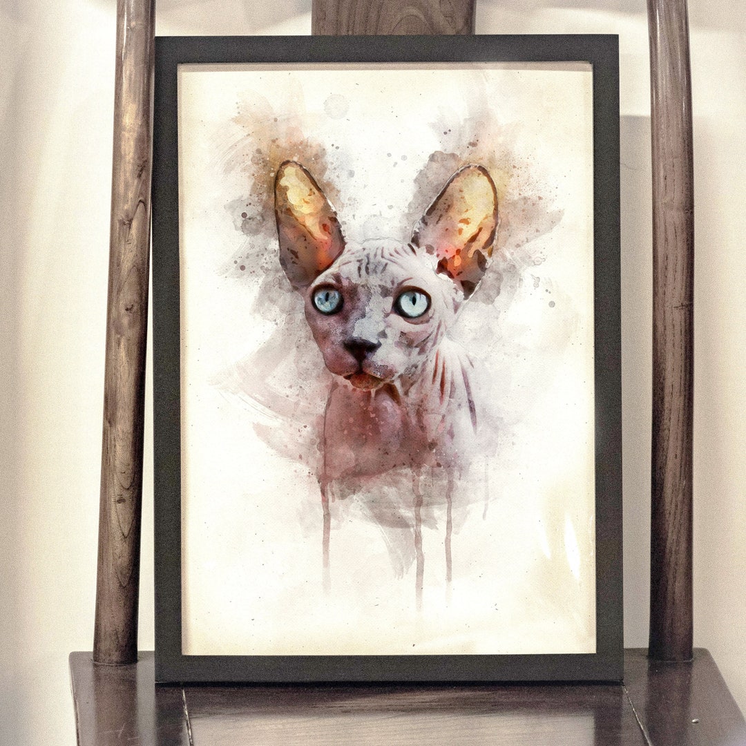 Sphynx Cat Art Print, Sphynx Cat Modern Watercolor Portrait, Hairless ...