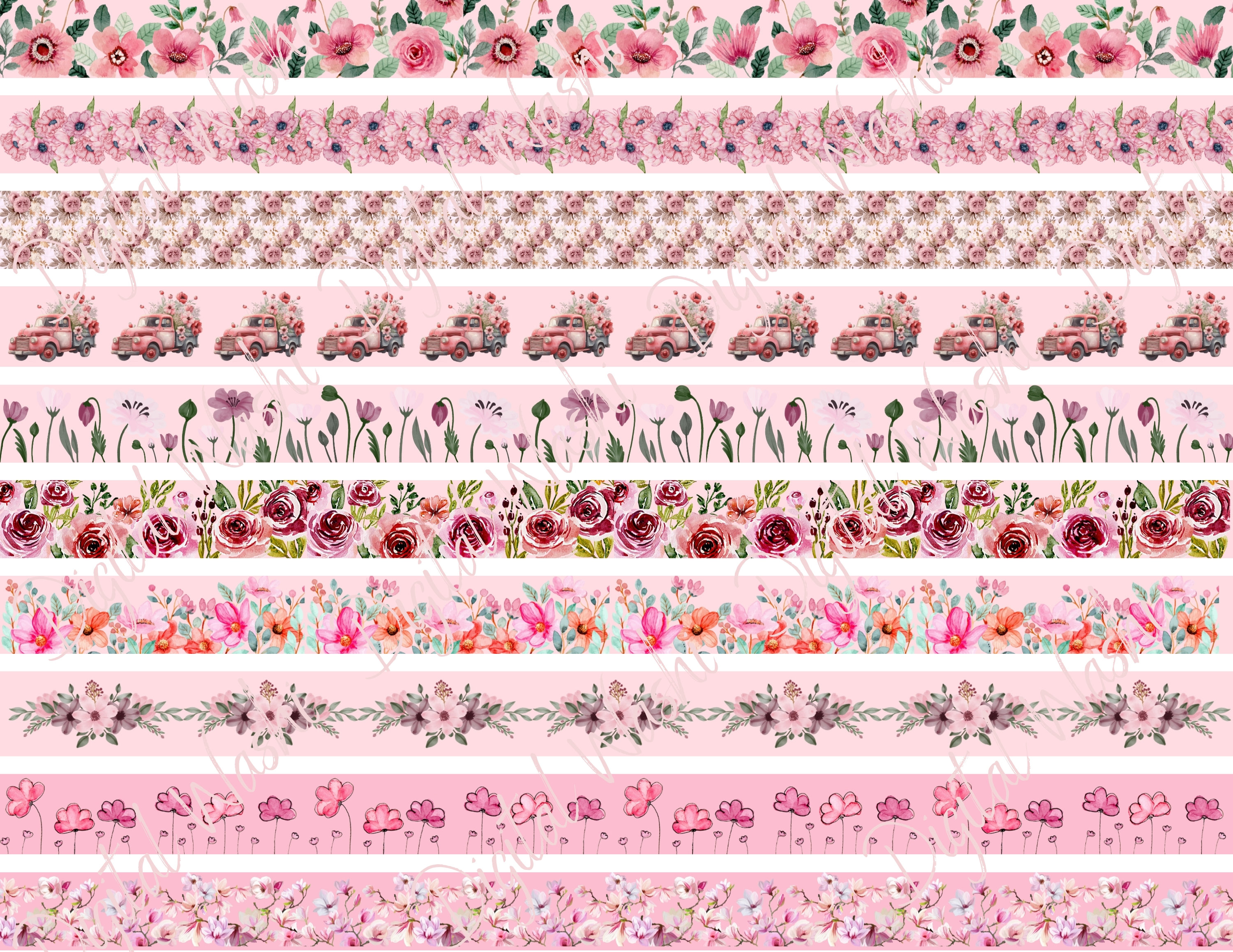 Pink Floral Digital Washi Tape, Digital Download, Embellishment ...