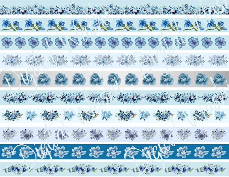 Blue Floral Digital Washi Tape, Digital Download, Embellishment ...