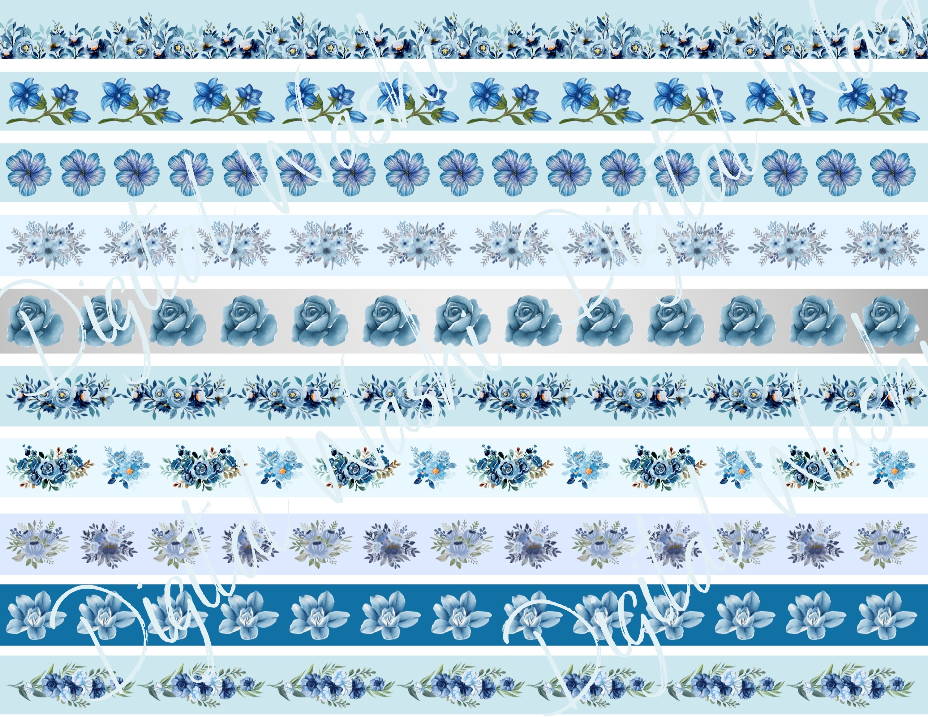 Blue Floral Digital Washi Tape, Digital Download, Embellishment ...