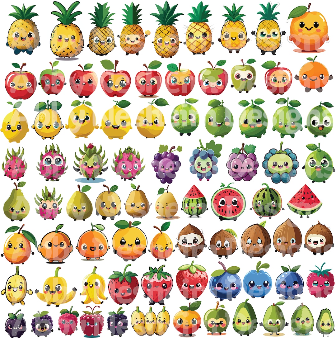Cute Chibi Fruit - Vector SVG, PNG, JPG - Etsy