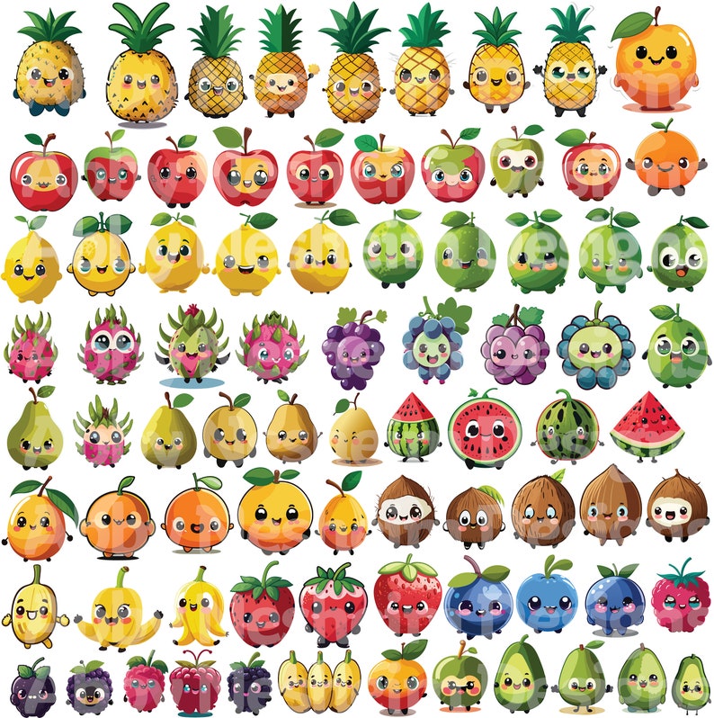 Cute Chibi Fruit - Vector SVG, PNG, JPG - Etsy