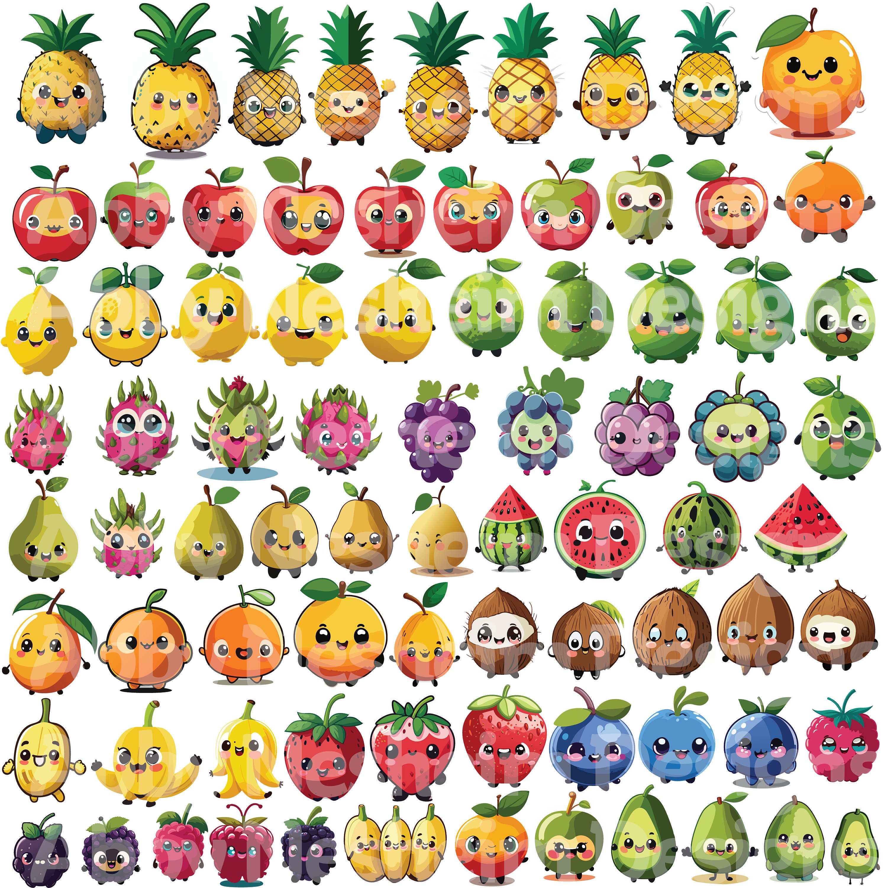 Cute Chibi Fruit - Vector SVG, PNG, JPG - Etsy