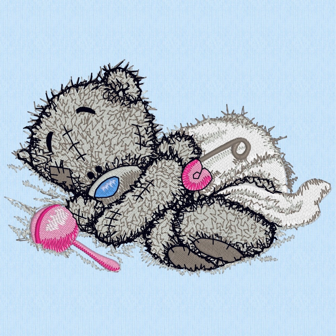 Scruffy Grey Teddy Bear With Blue Nose Fast Asleep With Rattle and ...