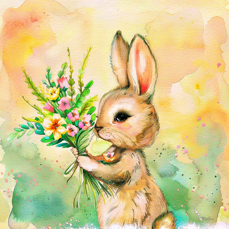 Easter Bunny With Spring Flowers, 5 Printable Art Files, Wall Art or ...