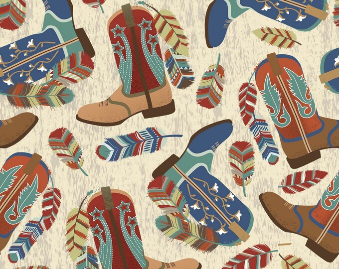 Western Cowboy Boots Fabric - Horses - Feathers - Riding Clothes - Dude ...