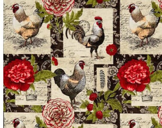 French Country Rooster Fabric Chickens Roses Farm France Fabric ...
