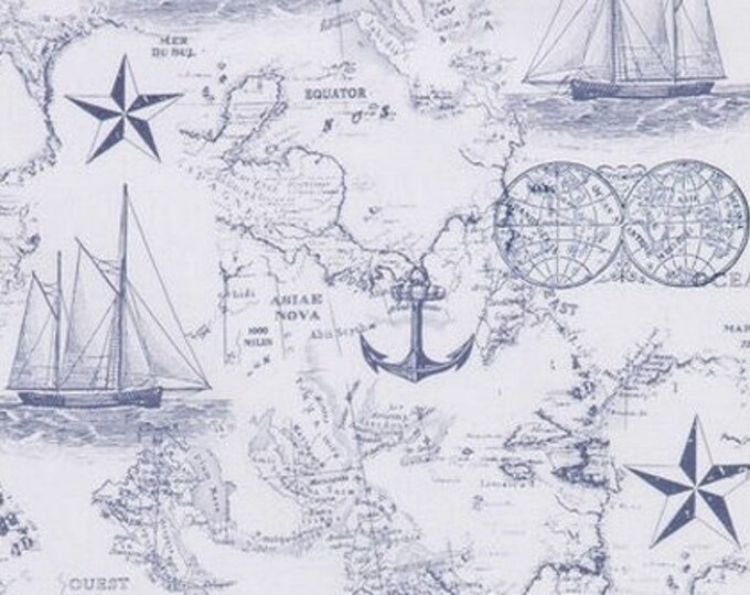 Nautical Map & Sailing Fabric Coastal Anchors Globes Sailboats World ...