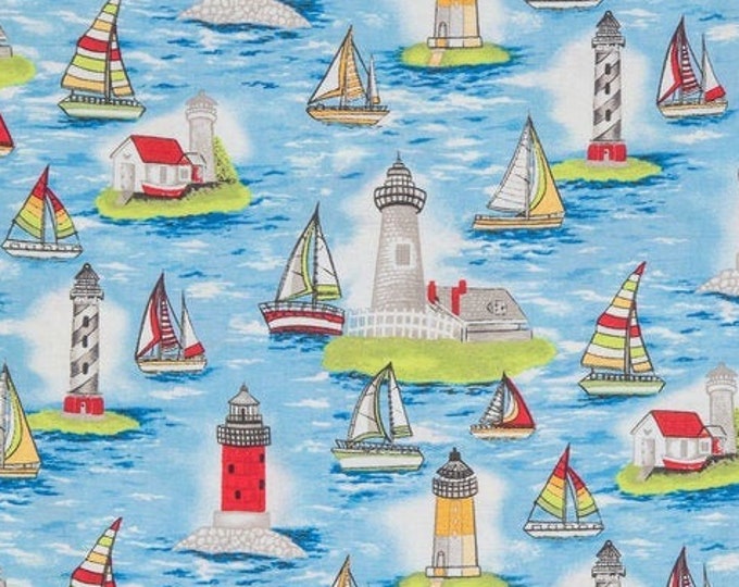 Lighthouses & Sailing Scene Fabric Sailboats Ocean Nautical New England ...