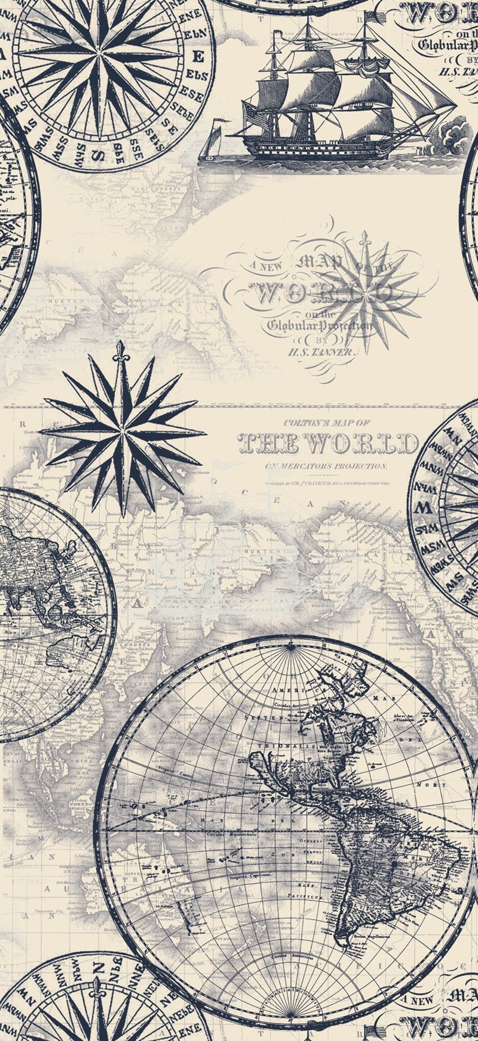 Last Yard! Vintage Map Fabric: Globes, Compasses, Ships, 100% ...
