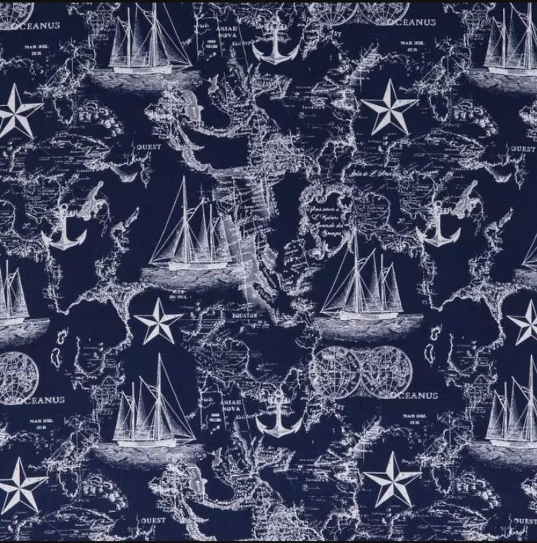 Navy Nautical Map Fabric: Coastal, Anchors, Globes, Sailboats, World ...