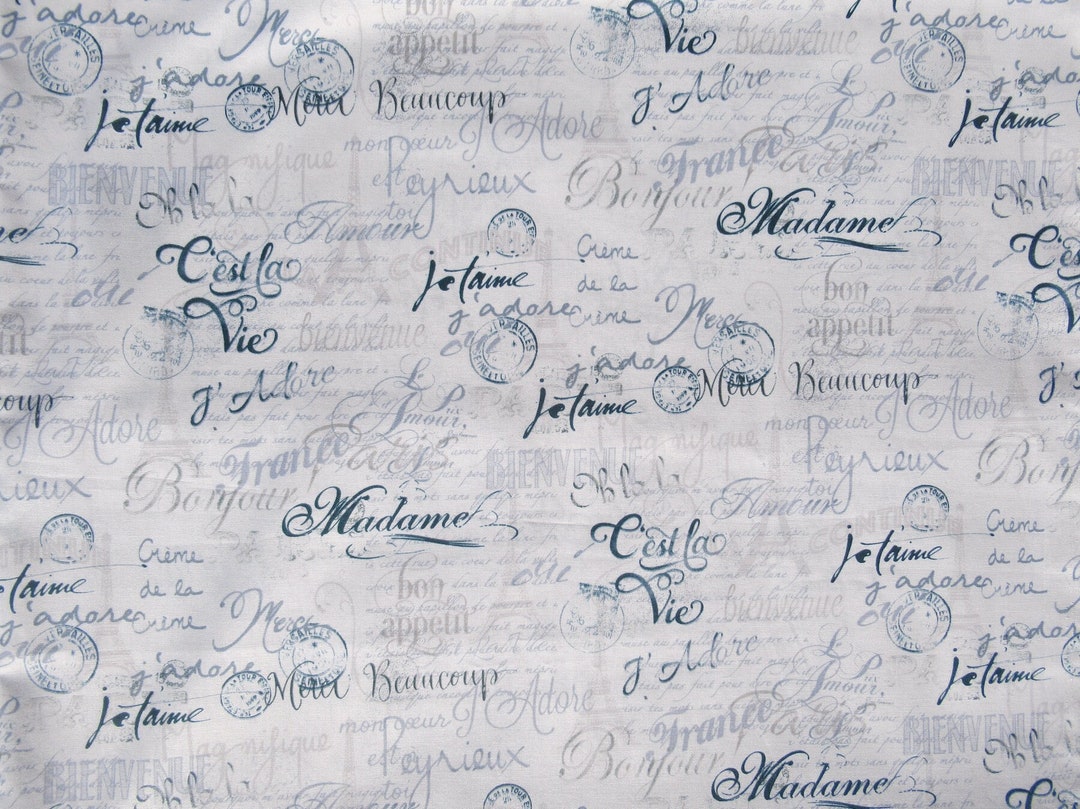 Last Yard French Phrases Fabric Writing Script Vintage Look Postmarks ...
