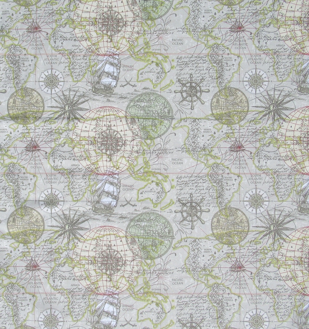 Antique Map Fabric - Continents - Globes - Compass - Sailing Ships ...