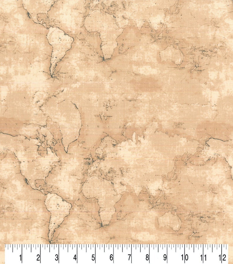 Antique World Map Fabric: Many Countries & Continents, Classic Style ...