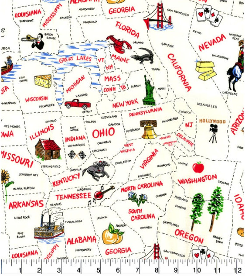 USA States Fabric: by Fabric Traditions, America, Vacation, Landmarks ...