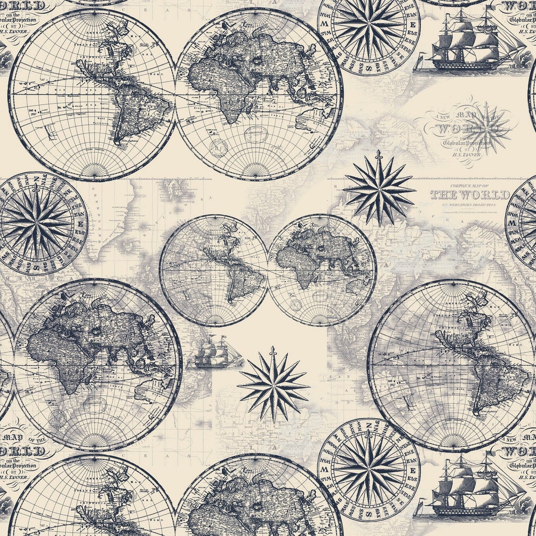 Last Yard! Vintage Map Fabric: Globes, Compasses, Ships, 100% ...