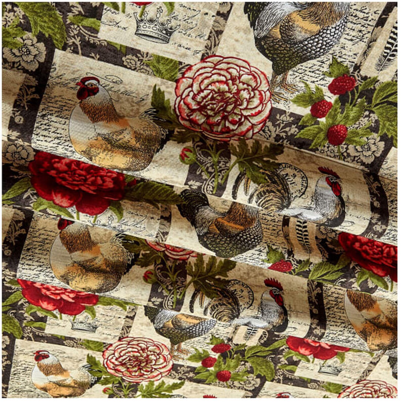 French Country Rooster Fabric Chickens Roses Farm - Etsy