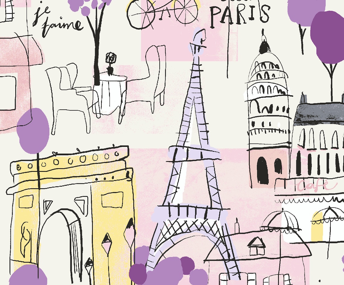 Retro Scenes of Paris Fabric French Cafes Eiffel Tower | Etsy