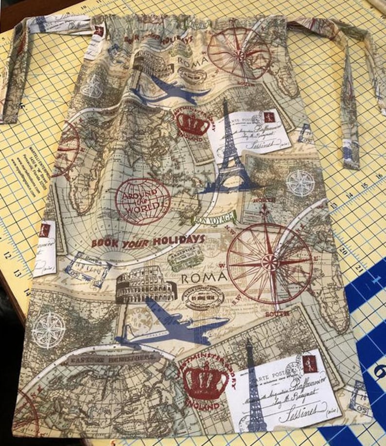 World Map Fabric: Vintage Travel Theme, Compass, Landmarks, 100% ...