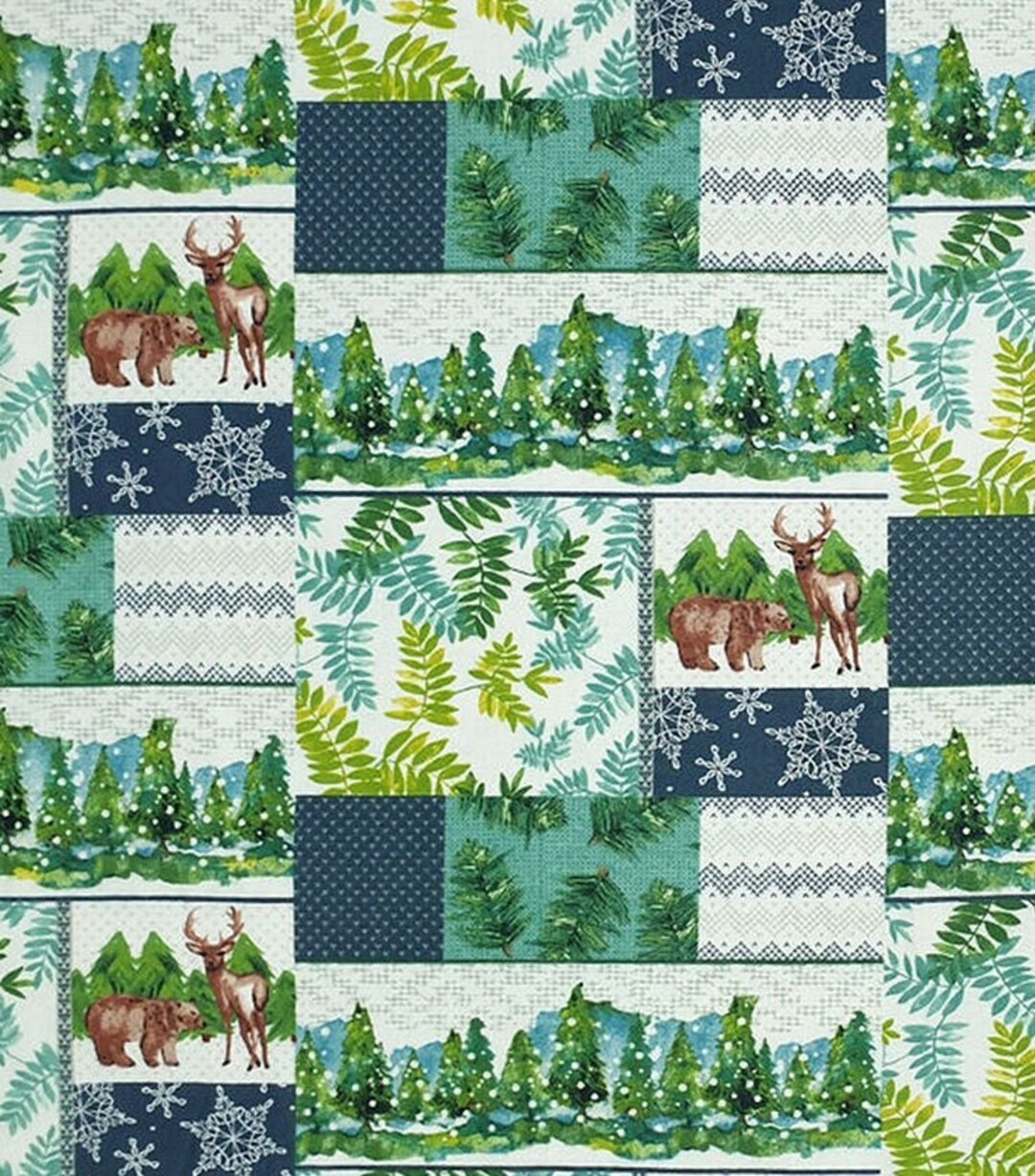 Snowy Mountain Flannel Fabric Outdoors Alpine Scenes Deer Bears ...