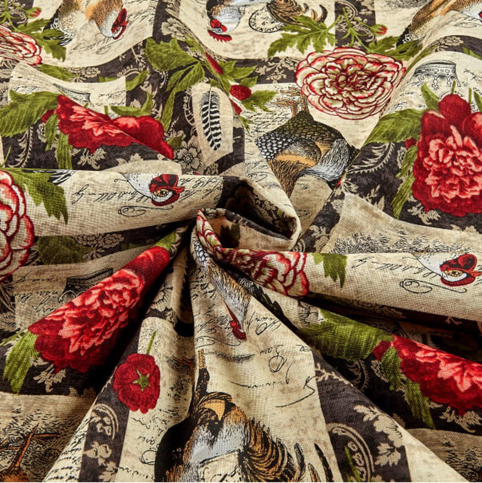 French Country Rooster Fabric Chickens Roses Farm - Etsy