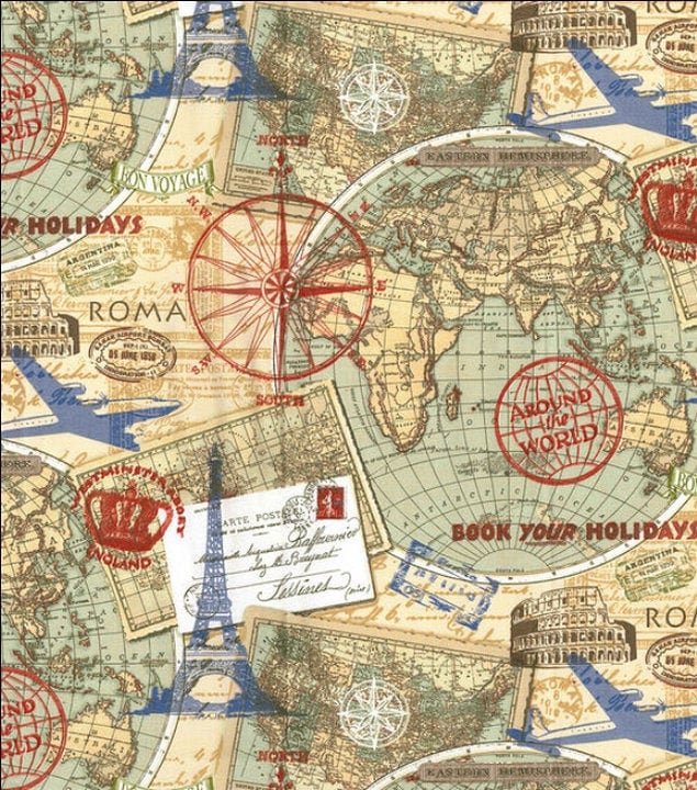 World Map Fabric: Vintage Travel Theme, Compass, Landmarks, 100% ...