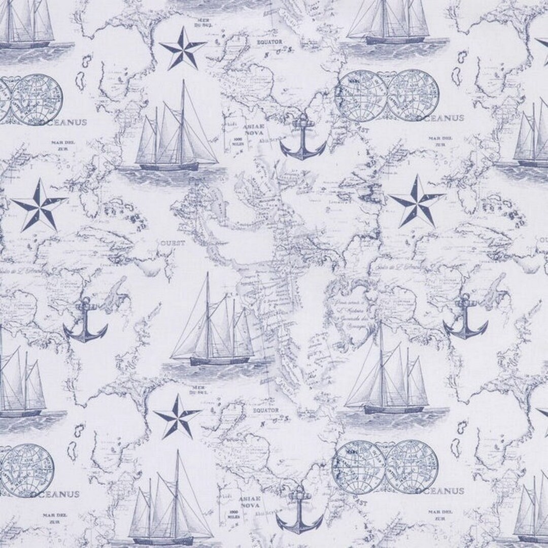 Nautical Map & Sailing Fabric - Coastal - Anchors - Globes - Sailboats ...