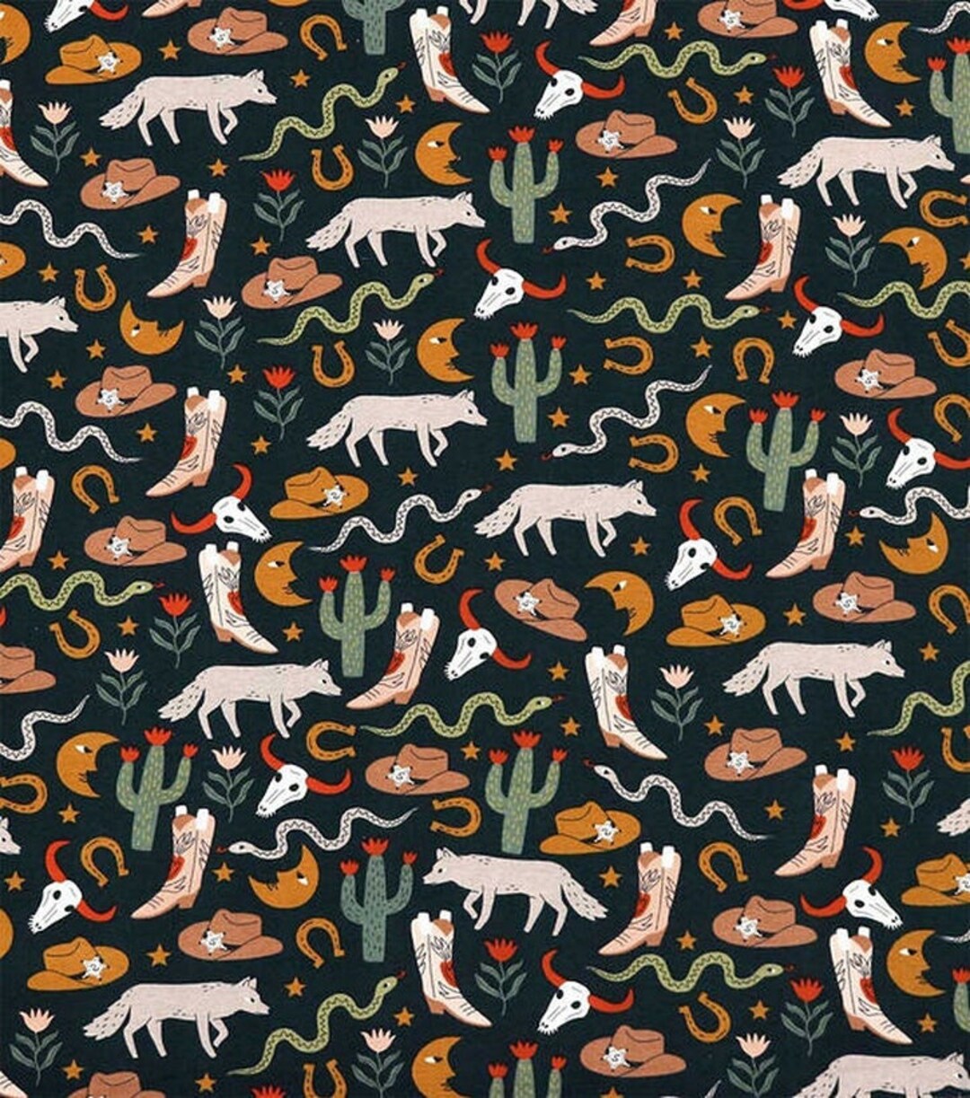 Western Emblems Flannel Fabric Coyote Cactus Cowboy Boots & Hats Horseshoes Desert Flower 100% ...