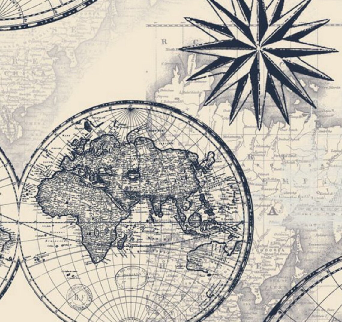 Globes and Compasses Fabric World Continents Oceans - Etsy