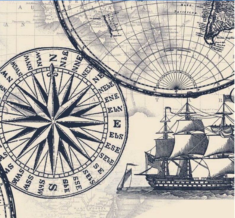 Globes and Compasses Fabric World Continents Oceans - Etsy