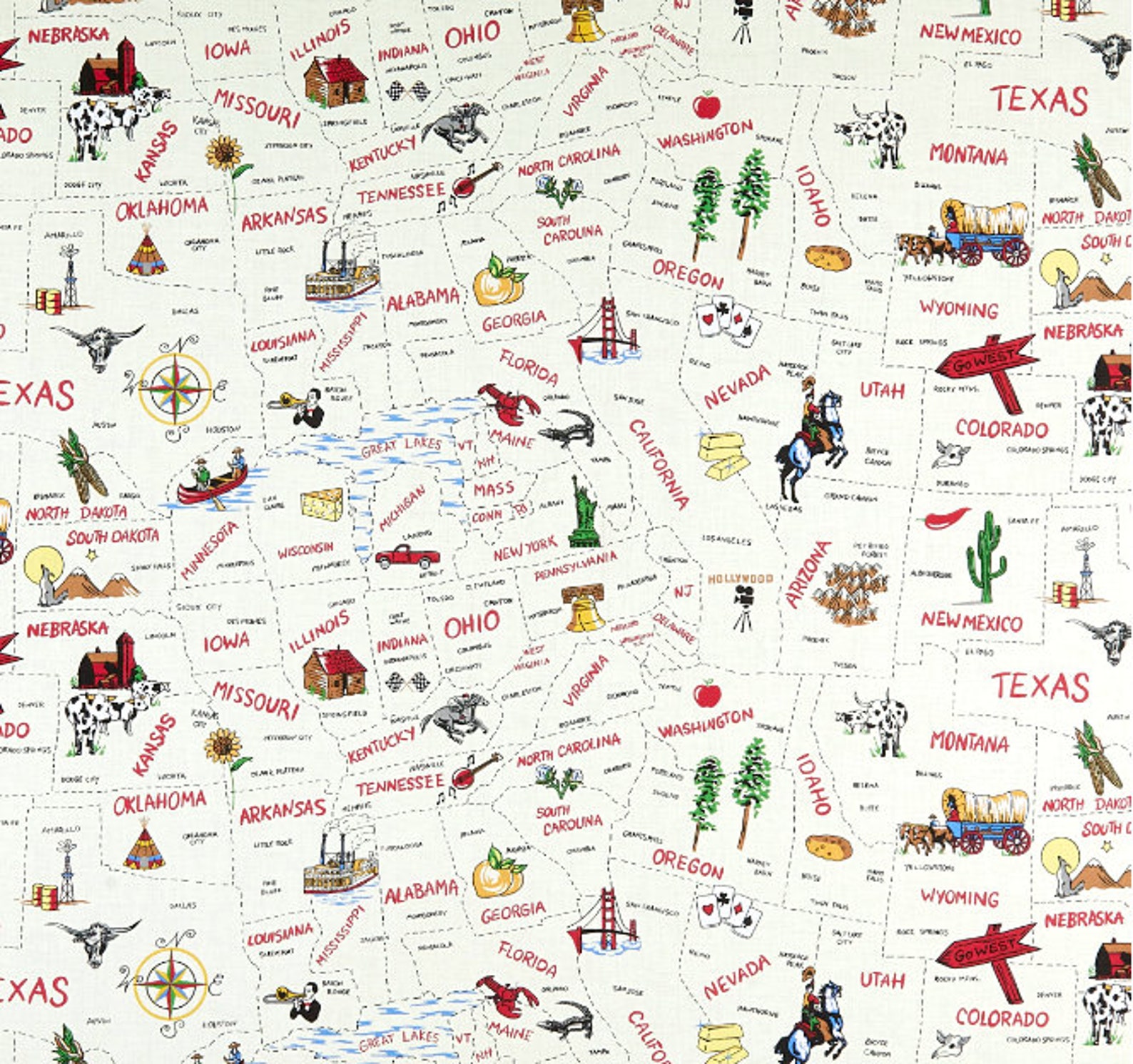 USA States Fabric: by Fabric Traditions, America, Vacation, Landmarks ...
