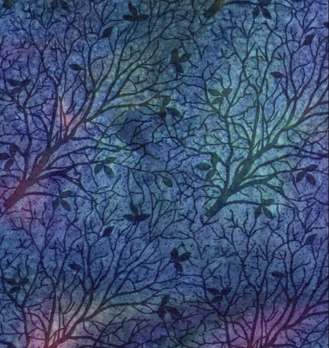 Midnight Forest Batik Fabric - Trees - Branches - Leaves - Night Sky ...