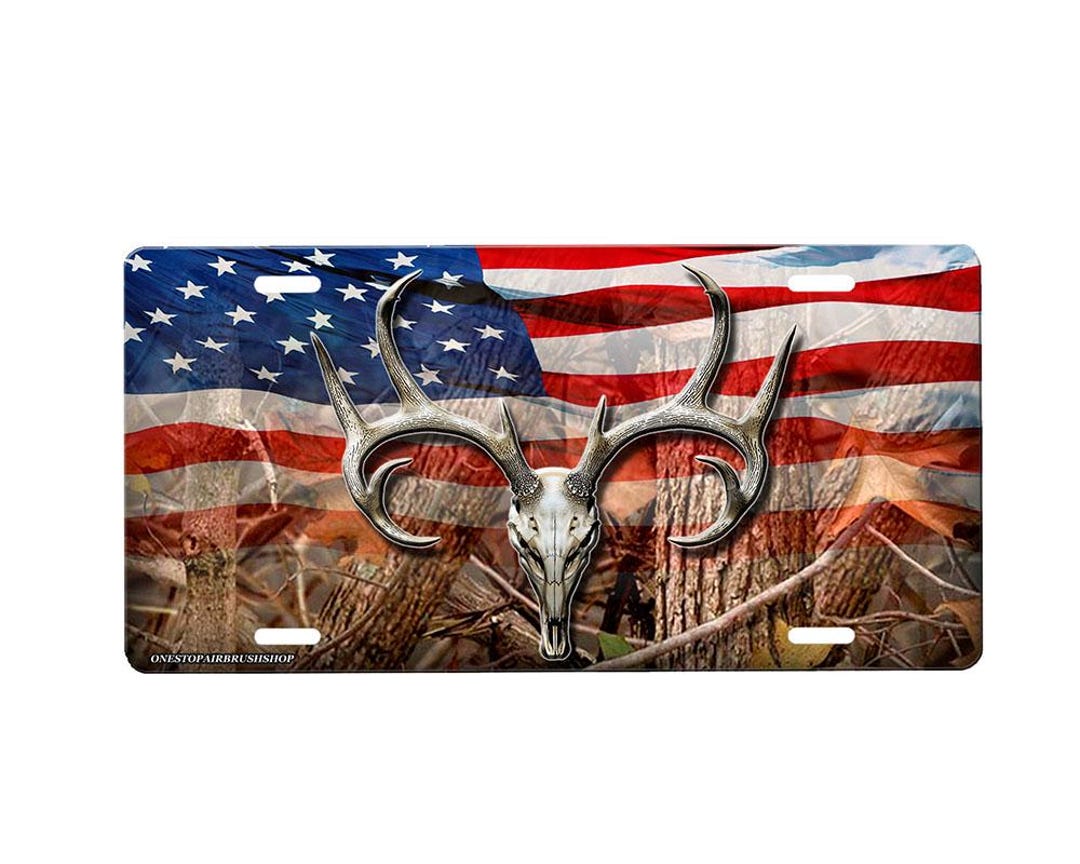 Deer Skull American Flag License Plate With Custom Background Options ...