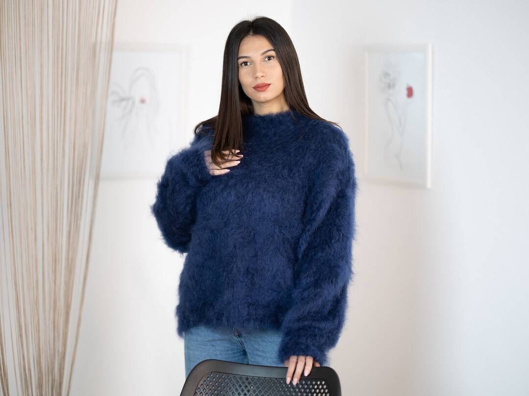 Fluffy Blue Crewneck Mohair Sweater, Soft Sensual Winter Jumper T1152 ...