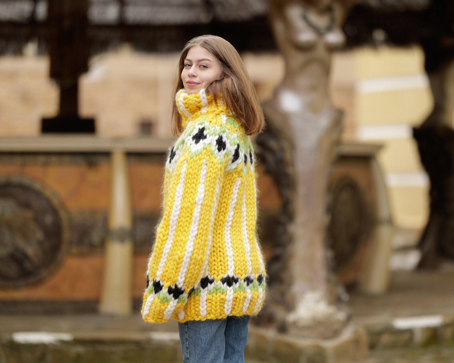 Yellow Icelandic Merino Wool Sweater, Hand Knitted Lopi Turtleneck ...