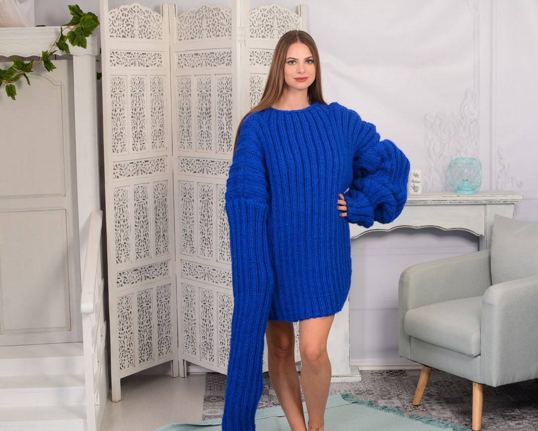 Women's Ribbed Blue Wool Sweater With Extra Long Sleeves, Hand Knit ...
