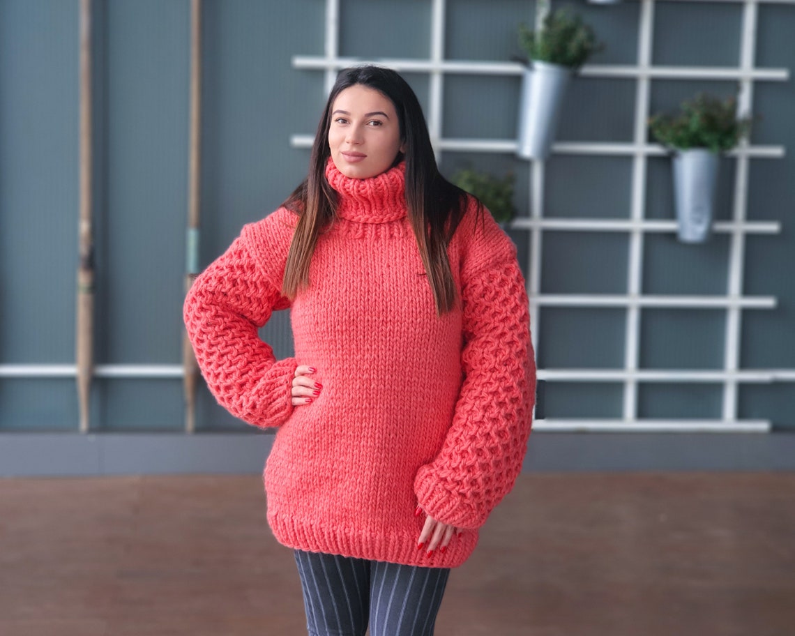Salmon Pink Wool Sweater Honeycomb Hand Knitted Woolen Jumper - Etsy