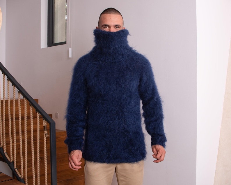 Navy Blue Mohair Turtleneck Sweater, Hand Knitted Fluffy Fuzzy Extra ...