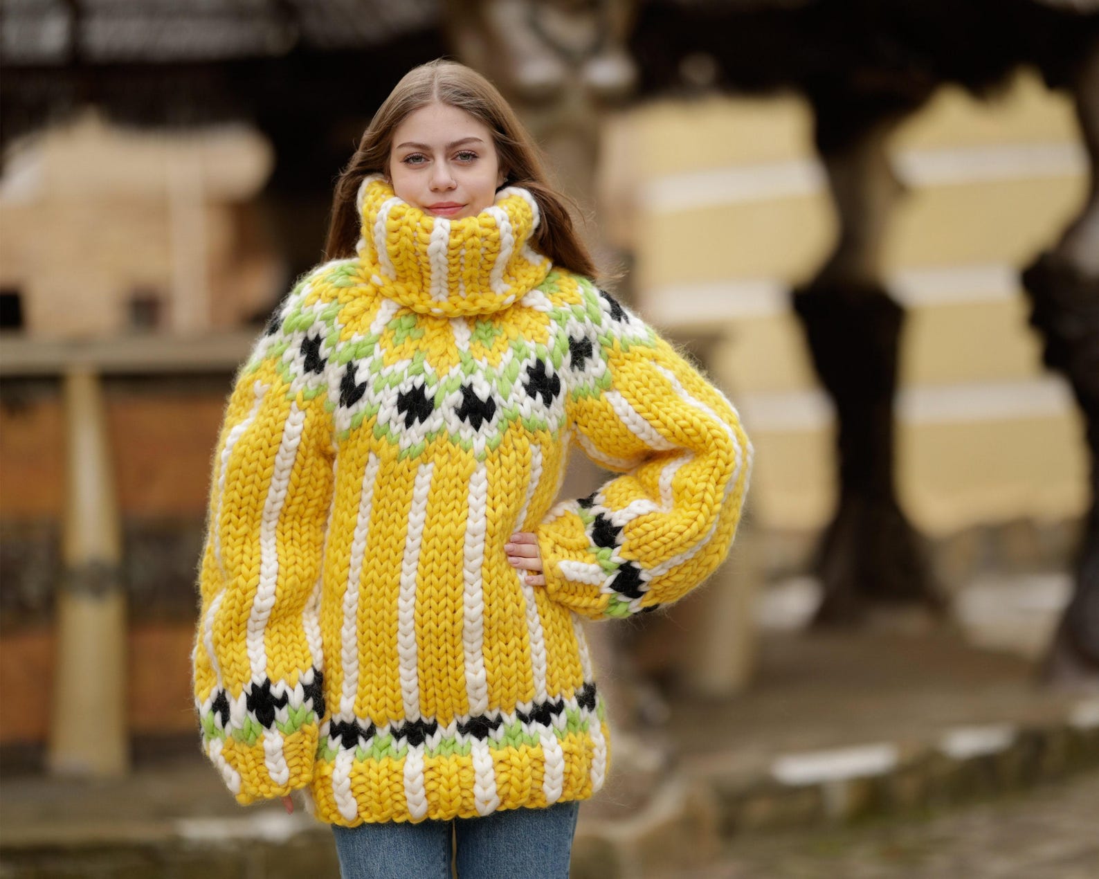 Yellow Icelandic Merino Wool Sweater, Hand Knitted Lopi Turtleneck ...
