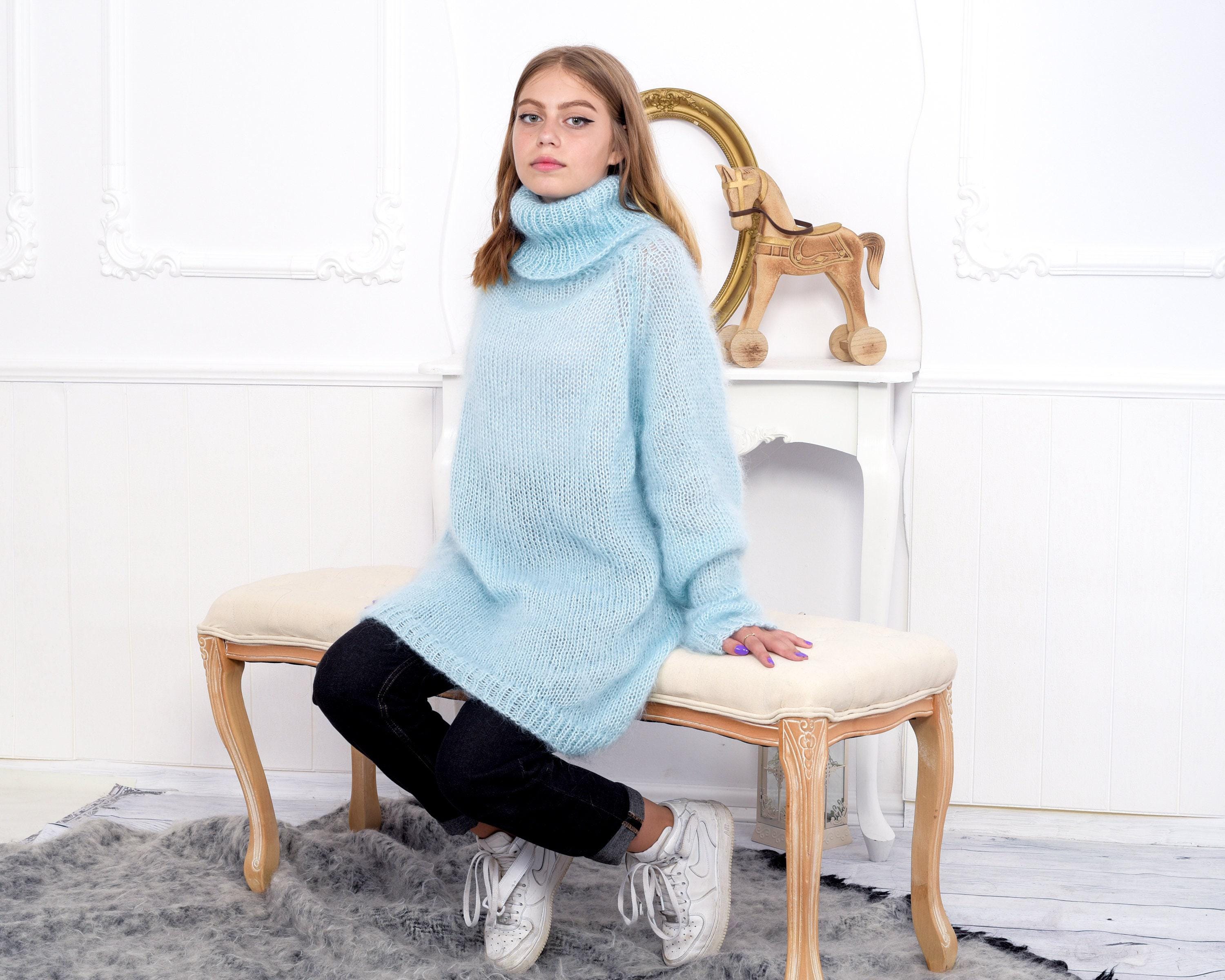 Hand-knitted Blue Mohair Sweater – Big-needle Fluffy See-through Jumper ...