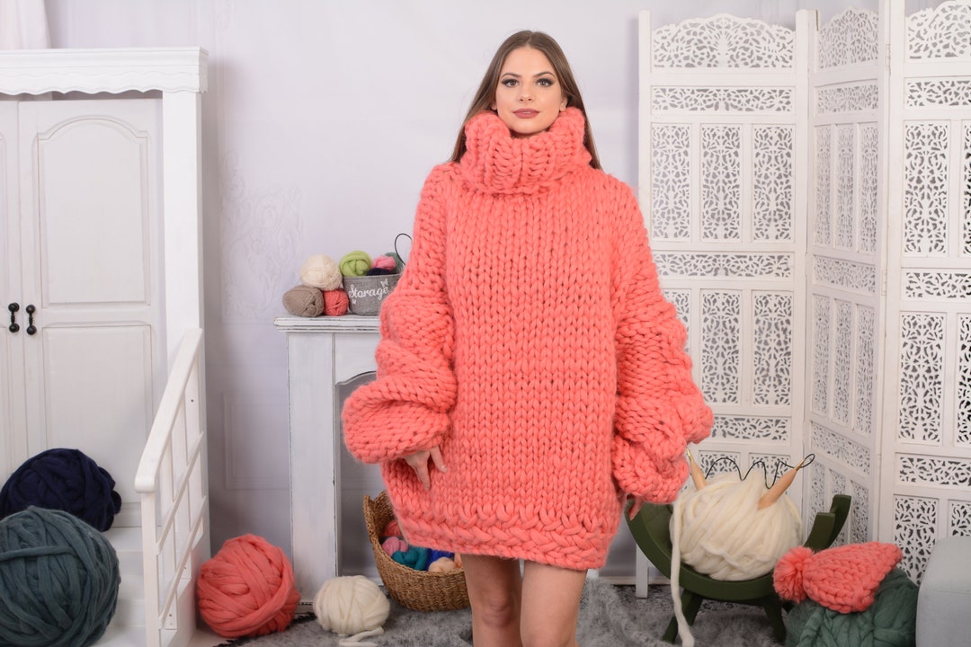 Thick KNIT Soft Merino SWEATER, Cables Bulky Sweater, Woman Giant Knit ...