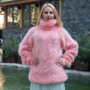 Pink Mohair Turtleneck Sweater, Hand Knitted Fluffy Soft Winter ...