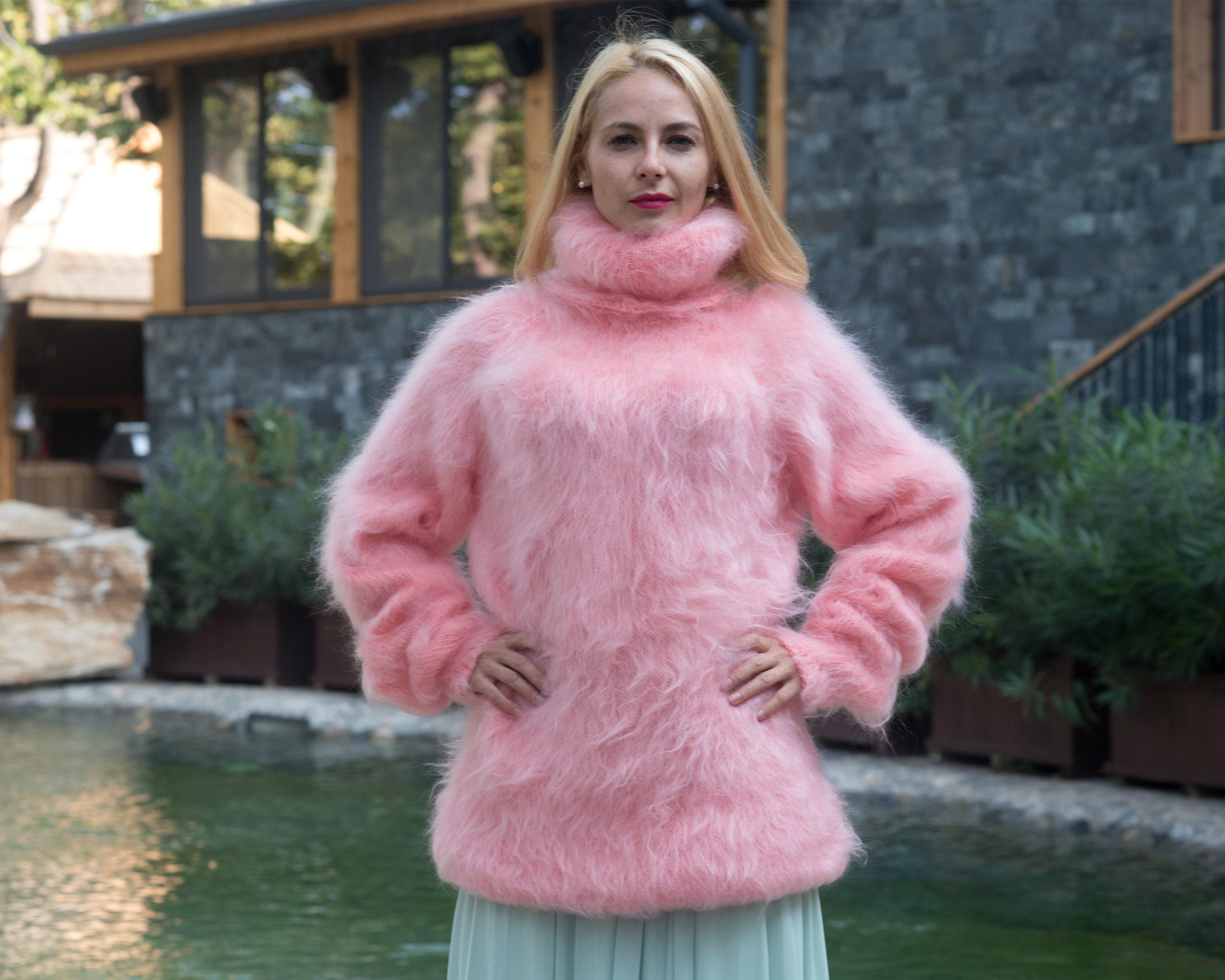 Pink Mohair Turtleneck Sweater, Hand Knitted Fluffy Soft Winter ...
