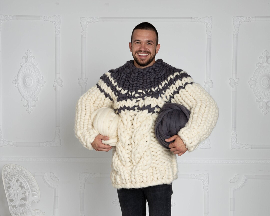 CHUNKY KNIT SWEATER, Gray & Cream Bulky Sweater, Man Giant Knit Sweater ...